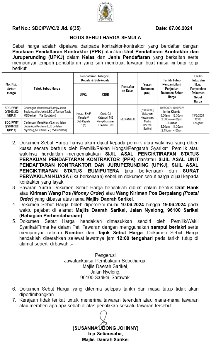 Notis Tender SDC/PW/C/2 JLD.6 (35) - Laman Web Rasmi Majlis Daerah Sarikei