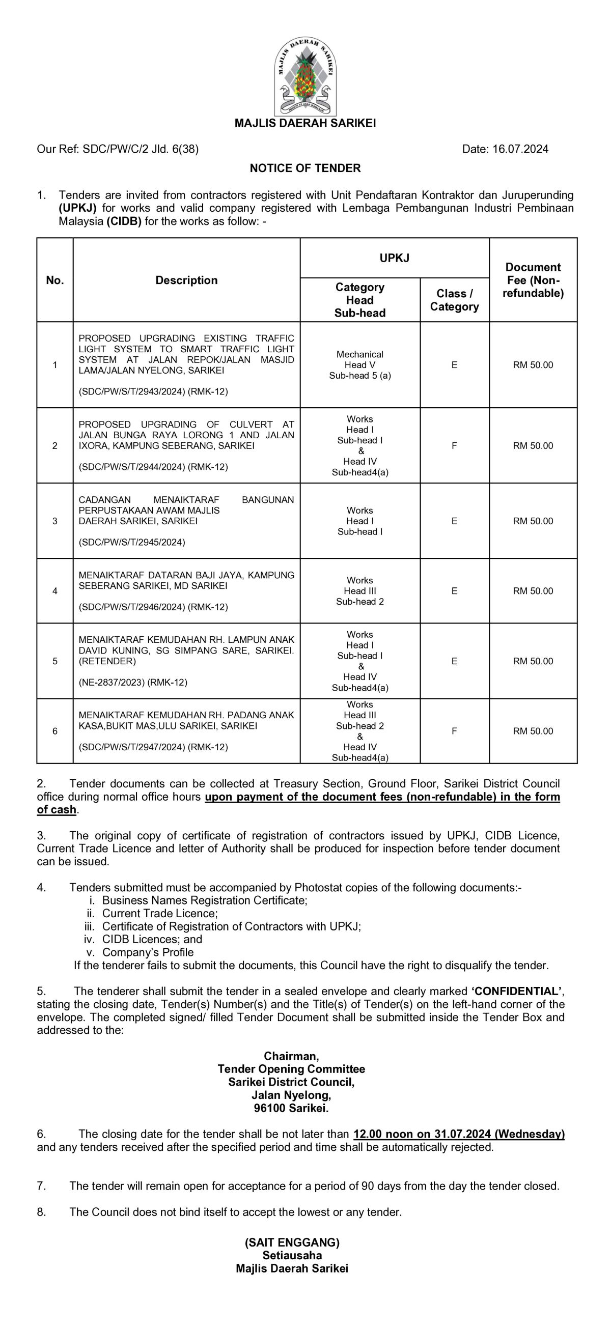 Notis Tender SDC/PW/C/2 JLD.6 (38) - Laman Web Rasmi Majlis Daerah Sarikei